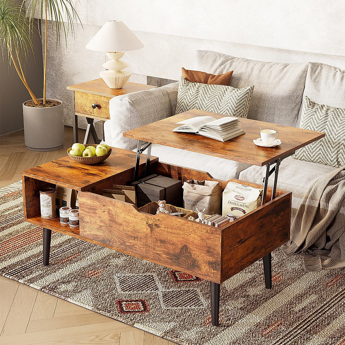 NEWBULIG Coffee Storage Table with Lift Top Panel and Hidden Compartment Wooden Rising Tabletop Snack Organize Shelf for Dinning Center Drawing Room, Brown