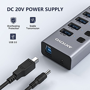 ANYOYO Powered USB 3.0 Hub 6 USB 3.0 Data Ports with SD/TF Card Readers with Individual On/Off Switches (8Ports)
