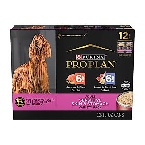 Purina Pro Plan Sensitive Skin and Stomach Dog Food Pate Salmon and Rice and Lamb and Oat Meal Wet Dog Food Variety Pack - (Pack of 12) 13 oz. Cans