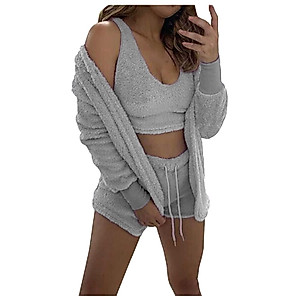 Aniywn Women's Winter 3 Piece Suit Faux Fur Pajamas Sets Sexy Fuzzy Cardigan Crop Top Shorts Nightwear Sets Loungewear