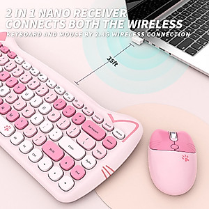 Cute Wireless Keyboard Mouse,GEEZER 2.4GHz Retro Quite Colorful Wireless Keypad Mouse, Compatible with Windows, Computer, PC, Desktop, Laptop (Pink)