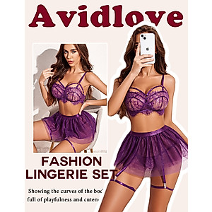 Avidlove Lingerie for Women Strap Babydoll Bodysuit with Garter Belts (Purple, Small)