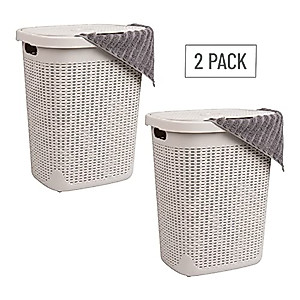 Mind Reader Basket Collection, Slim Laundry Hamper, 50 Liter (15kg/33lbs) Capacity, Cut Out Handles, Attached Hinged Lid, Ventilated, Set of 2, 17.65"L x 13.75"W x 21"H, Ivory