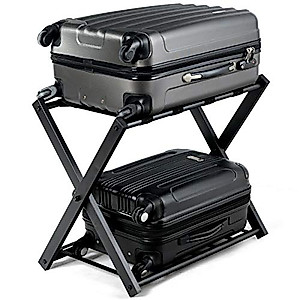 GOFLAME Folding Luggage Rack Metal Suitcase Luggage Stand for Home Bedroom Hotel with Shelf, Black