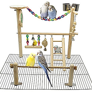 Bird Playground for Top of Cage, Parrot Gym Hanging Chewing Toys, Cage Top Play Stand for Conure, Parakeets, Budgie, Cockatiels, Lovebirds, Bird Wood Perch Cage Toys
