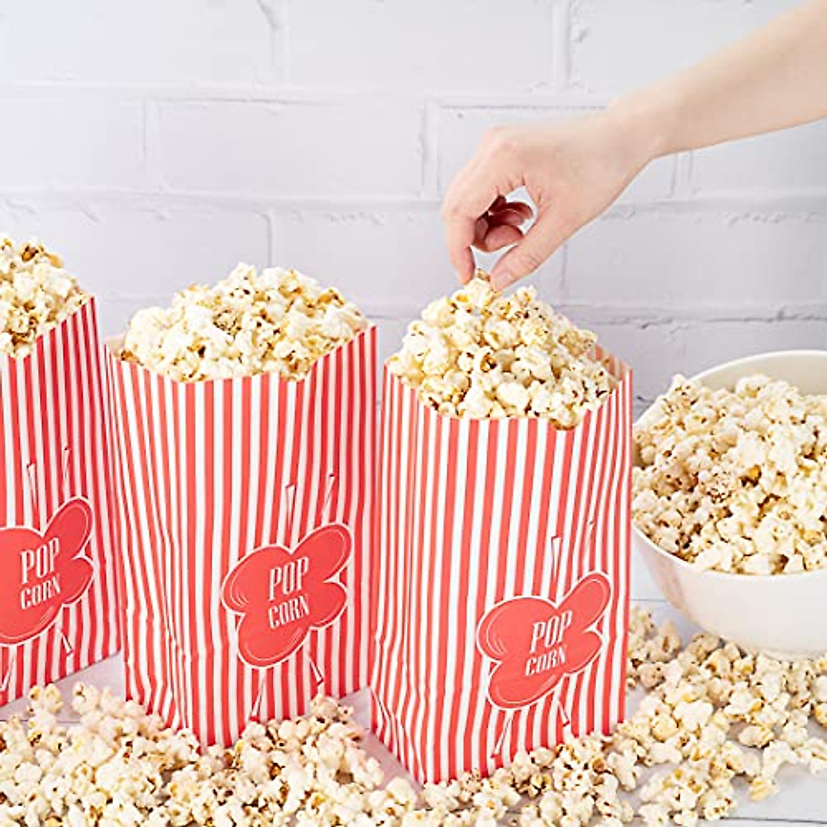 Restaurantware Bag Tek 2 Ounce Popcorn Bags 100 Disposable Paper Popcorn Bags - Greaseproof Striped Red Paper Concession Popcorn Bags For Movie Nights Theaters Carnivals And More