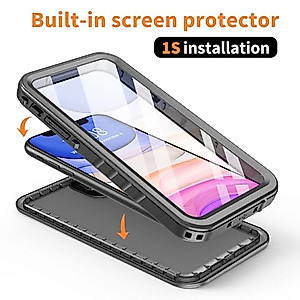 Cozycase Compatible with Waterproof iPhone 11 case, Built-in Screen Protector, Full-Body Rugged Bumper Sealed Case Cover, Shockproof Dustproof Waterproof Case for iPhone 11 6.1 inch (Black)