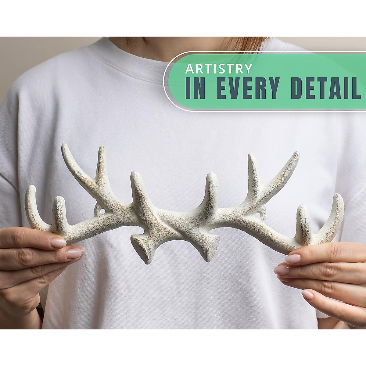 Comfify Vintage Cast Iron Deer Antlers Wall Mounted Hooks | Antique Finish Metal Clothes Hanger Rack w/Hooks | includes Screws and Anchors | in Antique White