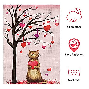 Heyfibro Valentine's Day Cat Garden Flag, Valentines Heart Love Tree Burlap 12 x 18 Inch Double Sided Yard Flag, Spring Seasonal Outdoor Decoration for Valentines Day Gifts(ONLY FLAG)