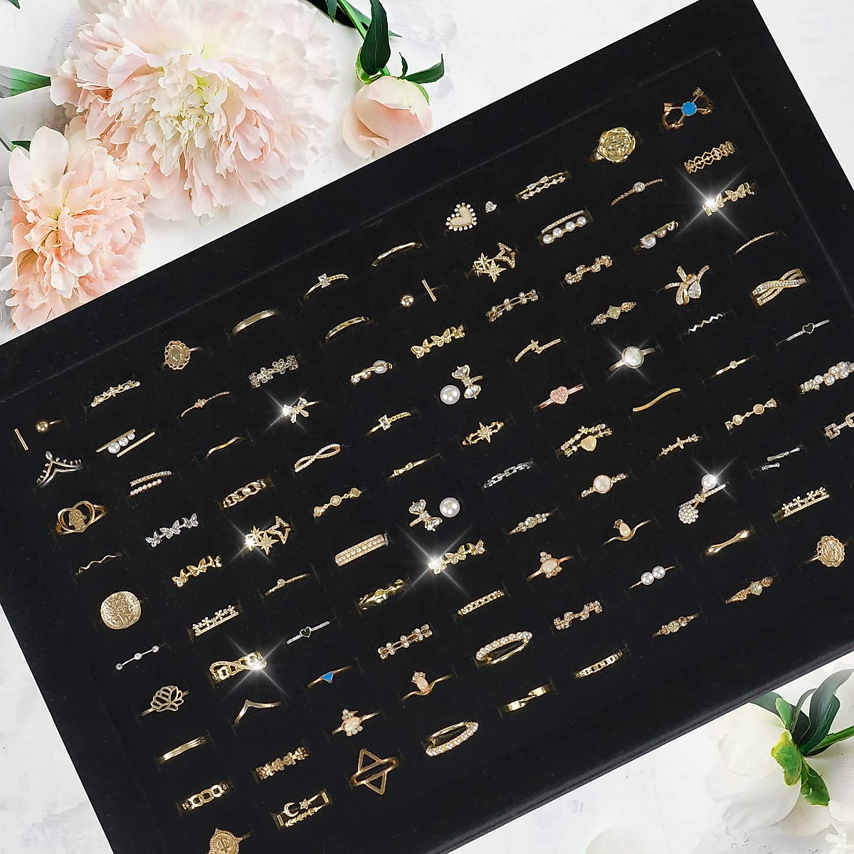 Ring Organizer for Jewelry, Ring Holder Box with Clear Lid, Dustproof Velvet Rings Display Tray Storage Case, 100 Slot Glass Top Jewelry Tray Drawer Insert for Multiple Rings Studs Earring (Black)