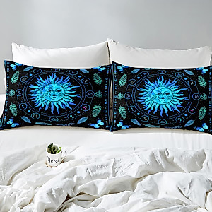 Sun and Moon Comforter Cover Constellations Astrology Bed Sets Moon Phase Duvet Cover King Green Botanical Leaves Bedding Exotic Feather Bedspread Cover with Zipper Closure Black Blue 3 Pieces Cozy