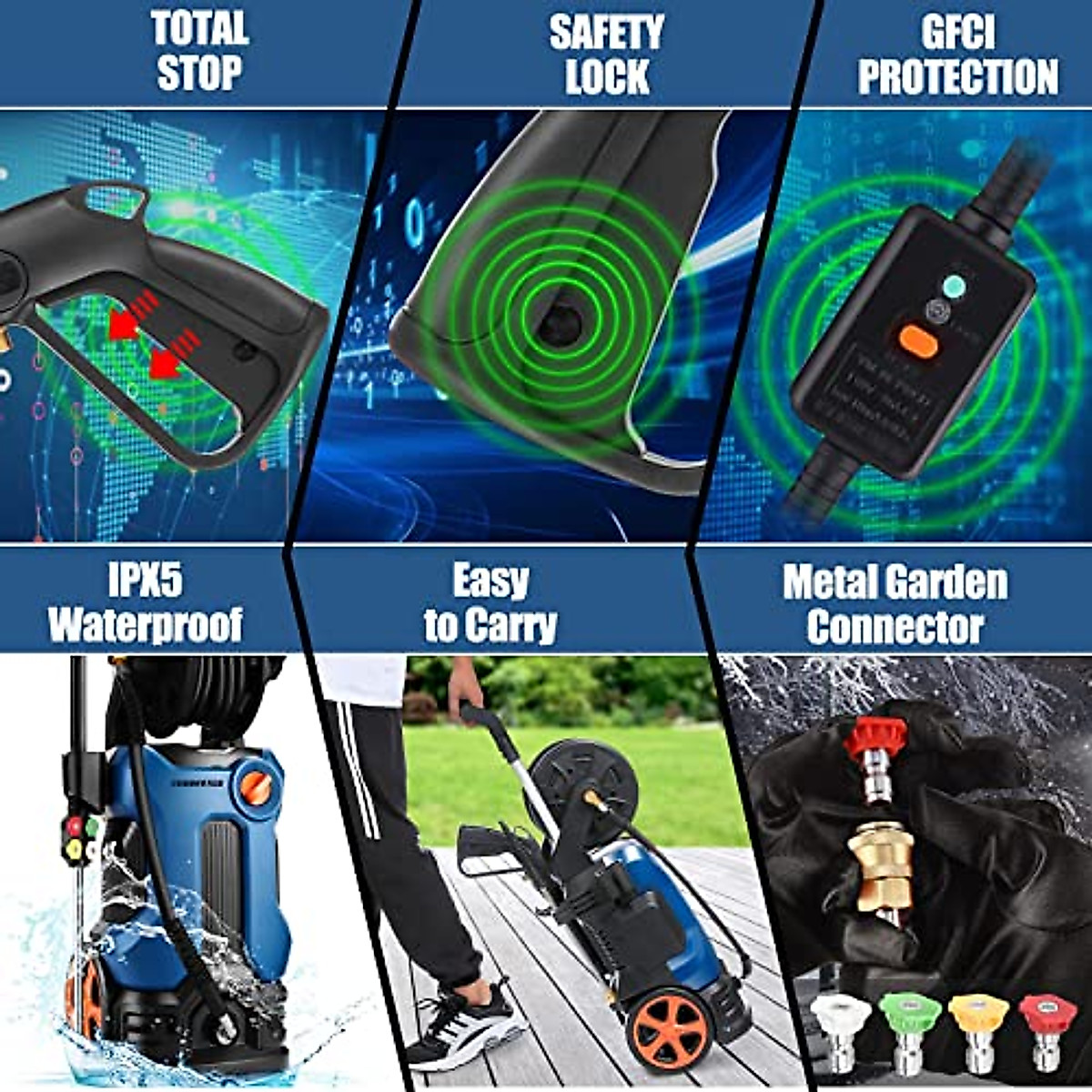 Electric Pressure Washer, 1800W High Power Washer, 2.11GPM Professional Electric Pressure Cleaner Machine with 4 Nozzles Foam Cannon,Best for Homes, Patios, Garden, Blue