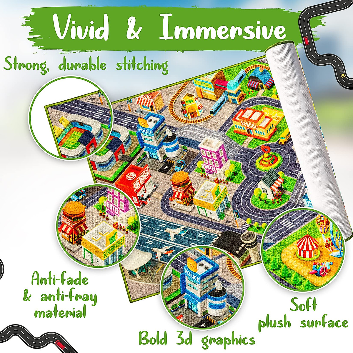 Kids Carpet Playmat City Life 3D Playroom Rug | 30 x 60 Inch Extra Large Toddler Activity Mat for Race Cars &amp; Toys | Playroom Rug Makes a Fun Educational Gift Idea for Boys &amp; Girls