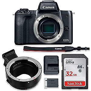 Canon EOS M50 Mirrorless Digital Camera (Black) Body Only Kit with Auto (EF/EF-S to EF-M) Mount Adapter + 32GB Sandisk Memory (Renewed)