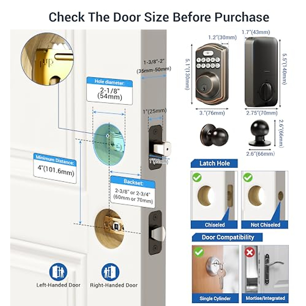 Veise Keyless Entry Door Lock with 2 Door Knobs - Keypad Door Lock with Handle, Front Door Lock Set, Electronic Keypad Deadbolt Smart Lock, Auto Lock, Easy Installation, Oil-Rubbed Bronze