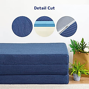 Olee Sleep Tri-Folding Memory Foam Mattress Topper, 4 Inch Gel Folding Mattress for Camping, Foldable Guest Bed, CertiPUR-US Certified, Soft, Blue, Twin Size