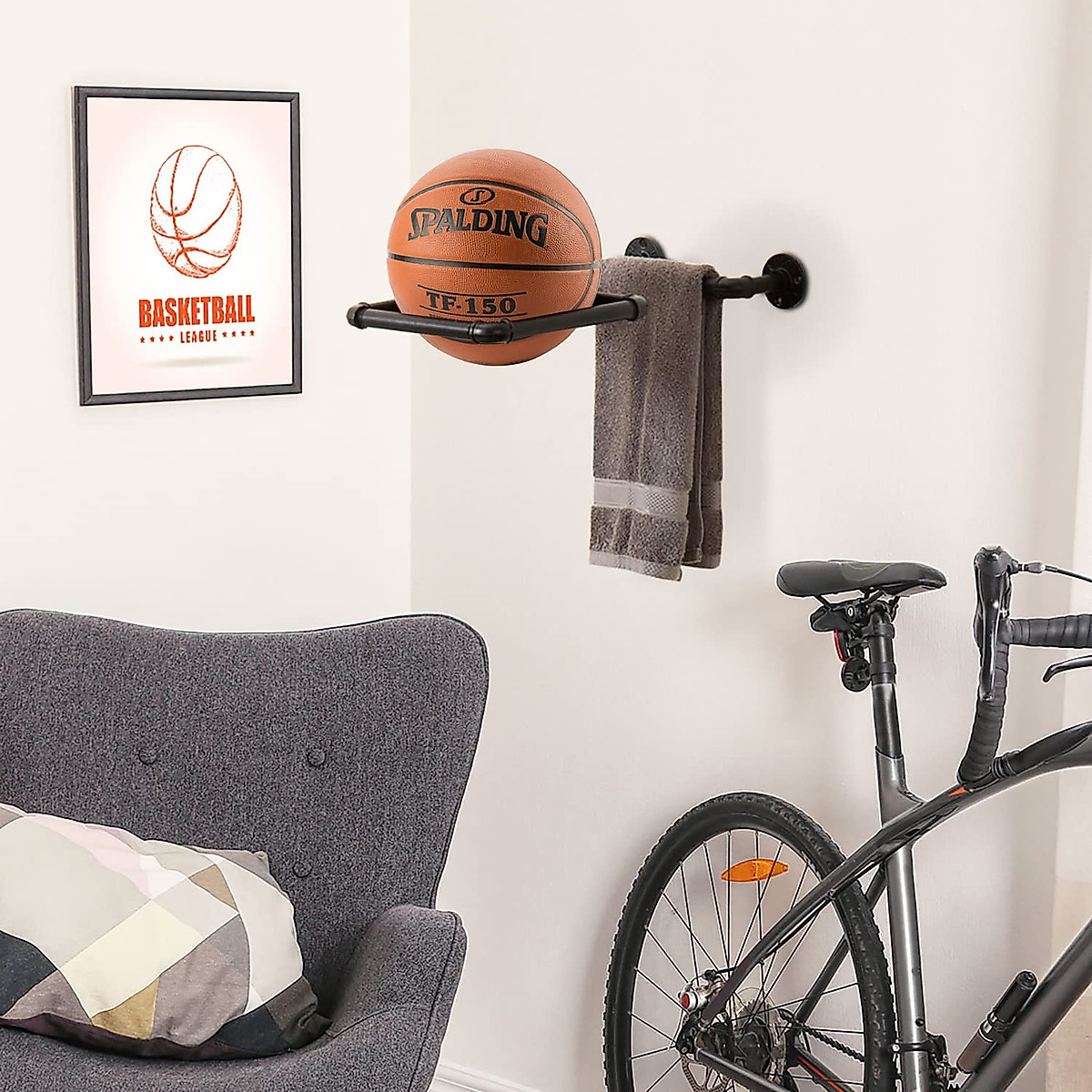 MyGift Wall-Mounted Exercise Ball Rack | Black Industrial Pipe Yoga Stability Ball Storage Display Holder for Home Gym and Studios, Set of 2