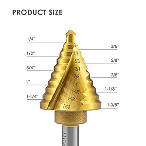 Luckyway 1-Piece 10 Sizes Titanium Step Drill Bit, 1/4" to 1-3/8" Size HSS Unibit for Metal, Wood, Plastic, Multiple Hole Drilling