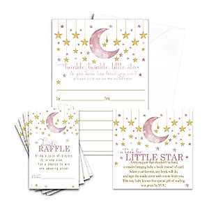 Twinkle Little Star Baby Shower Invitation Bundle Set Includes Blank Girls Invites with Envelopes Diaper Raffle Tickets Bring a Book Insert Cards (25 of Each) Celestial Themed Party Supplies