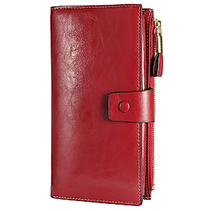 Itslife Womens Wallet RFID Blocking Large Capacity Luxury Wax Genuine Leather Wallets Clutch Wallet Ladies Card holder, Red