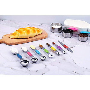 TILUCK measuring cups and magnetic measuring spoons set, stainless steel measuring cups, 6 double-sided stainless steel measuring spoons & 1 leveler (7+7)