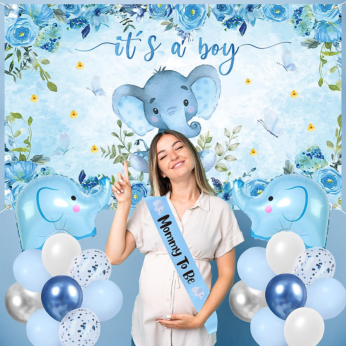 Vlipoeasn Elephant Baby Shower Decorations for Boy, Blue 42PCS Baby Shower Supplies, Mommy to Be Sash, It's a Boy Backdrop, Cake Topper, Cute Honeycomb, Hanging Swirl Flag, Baby Boy Shower Decor