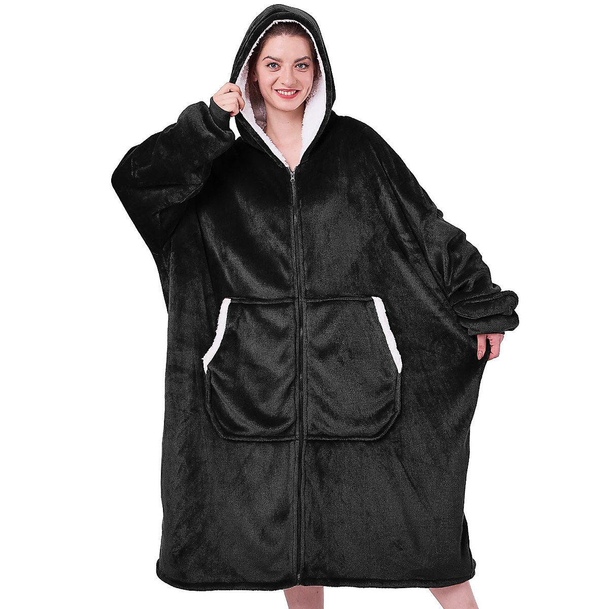 JOYWOO Oversized Wearable Blanket Hoodie, Long Hooded Blanket for Adult, Birthday Christmas Gifts for Women Men, Cozy Sherpa Sweatshirt Blanket with Giant Pocket and Zipper, Black