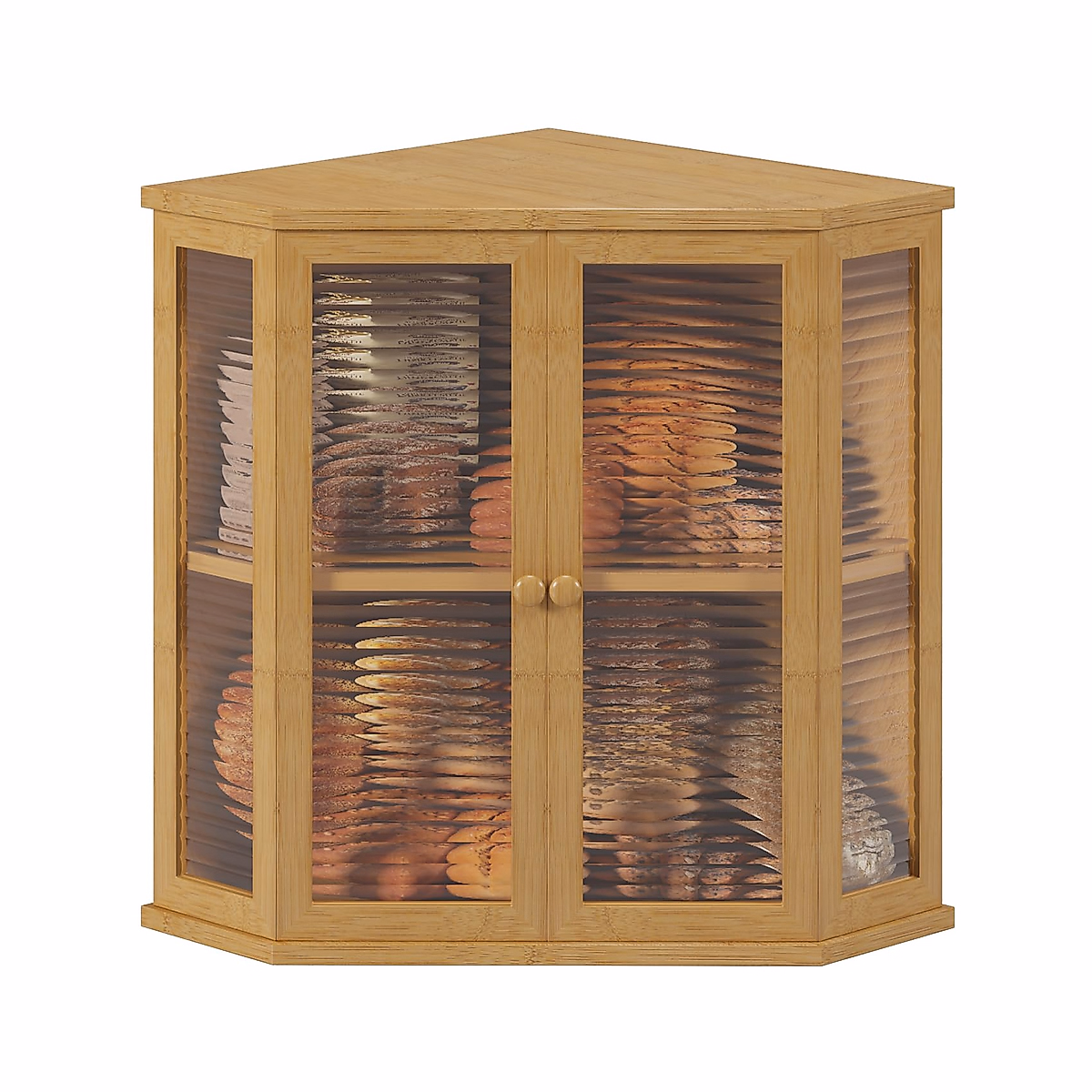 WouZglk Extra Large Corner Bread Box for Kitchen Countertop, 16.5 inch Bamboo Double Layer Bread Storage with Glass Wavy Door Panel, Eco-Friendly and Stylish Design