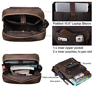Vintage Full Grain Leather 15.6 Inch Laptop Backpack for Men Casual Travel Work Bag Bookbag Daypack with YKK Zipper Brown, Large