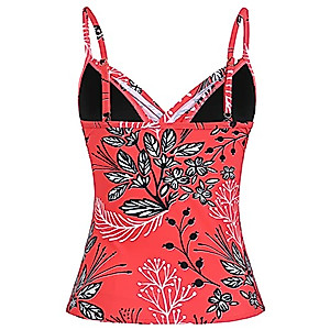 coastal rose Womens Swim Top Ruched Tummy Control Tankini Top Front Cross V Neck Bathing Suit Tops Only US14 Red Floral