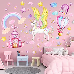Unicorn Wall Decals for Girls Bedroom,Unicorn Wall Stickers with Rainbow, Unicorn Room Decor for Girls Bedroom Kids Playroom Nursery Decoration