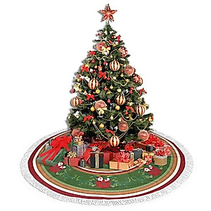 IJQRVJ Hockey Theme,Christmas Tree Skirt with Tassel Lace-up,Hockey Sticks and Stars in Circle,Christmas Tree Decoration Xmas Tree Mat for Holiday Party Indoor Decorations,Navy Blue,30in