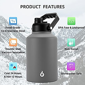 BJPKPK One Gallon(128oz) Insulated Water Bottle, Dishwasher Safe Stainless Steel Thermos, BPA Free Jug with Ergonomic Handle & Anti-slip Bottom, Large Water Bottle, Grey