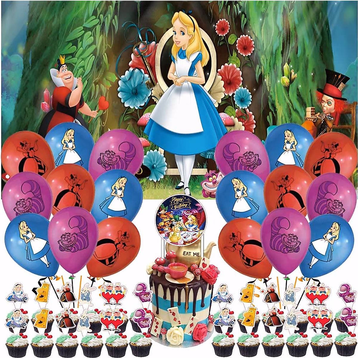 Alice in Wonderland Birthday Party Supplies Decorations Cake Topper Balloons Favors Backdrop Banner Decor