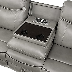 Lexicon Braelyn Faux Leather Double Reclining Sofa with Center Drop-Down Cup Holders, Receptacles, Hidden Drawer and USB Ports, 88.5" W, Gray