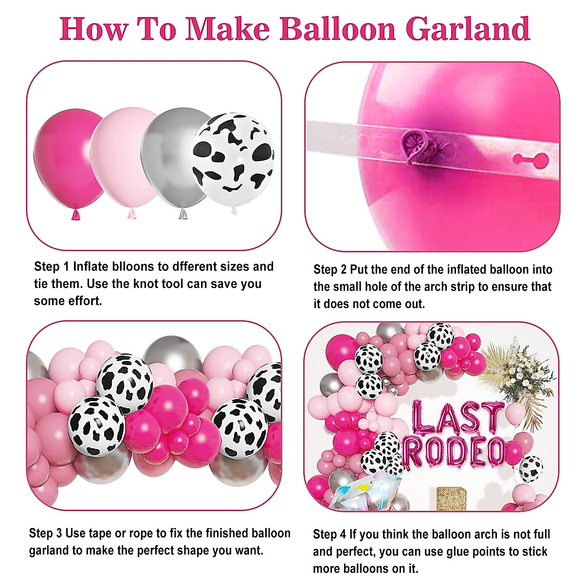 Cowgirl Pink Balloons Arch Garland Kit, 131Pcs Hot Pink Silver Cow Print Last Rodeo Diamond Foil Balloon for Western Disco Cowgirl Birthday Party Bachelorette Baby Bridal Shower Wedding Decorations