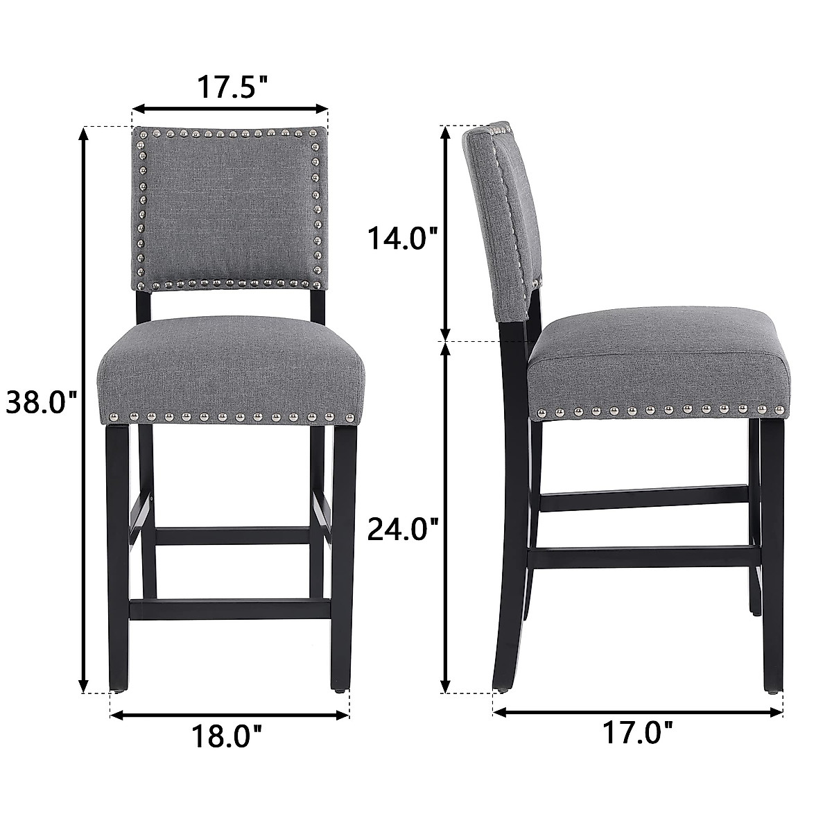 DAGONHIL 24 inch Bar Stools Set of 2, Counter Height Stools, Fabric Upholstered Barstools with Back and Wood Leg, Armless Dining Chairs with Silver Copper Nail for Kitchen Island Pub Living Room(Gray)