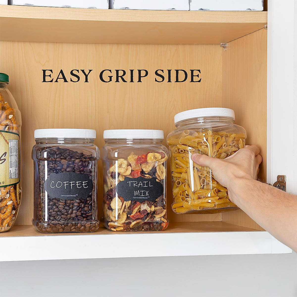 Cornucopia Brands 3-Pack Square 64 Oz 1/2 Gallon Plastic Canisters; 8-Cup Capacity Clear Jars w/ White Plastic Lids & Chalk Labels, BPA-Free Lightweight PET #1 Plastic