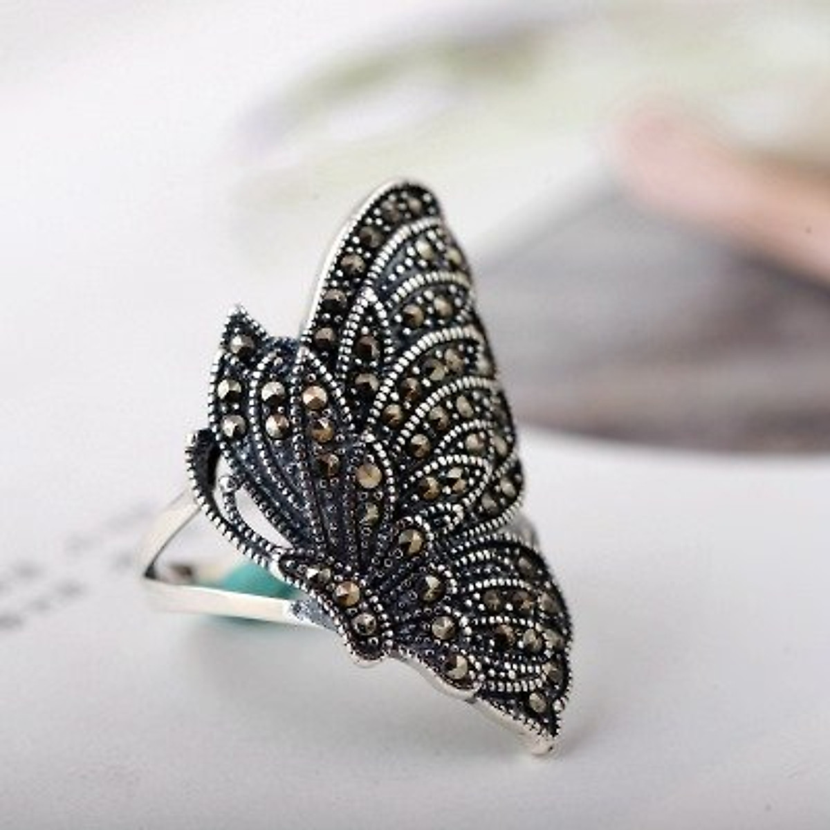 Retro 925 Sterling Silver Butterfly Ring with Marcasite Stones for Women Size 9