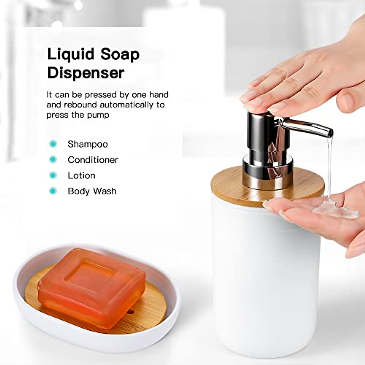 Otostar Bamboo Bathroom Accessory Set 6 Piece Bathroom Accessories Set Plastic Gifts Bath Set with Toothbrush Holder Soap Dispenser Qtip Holder Tumbler Soap Dish Toilet Brush Holder Trash Can (White)