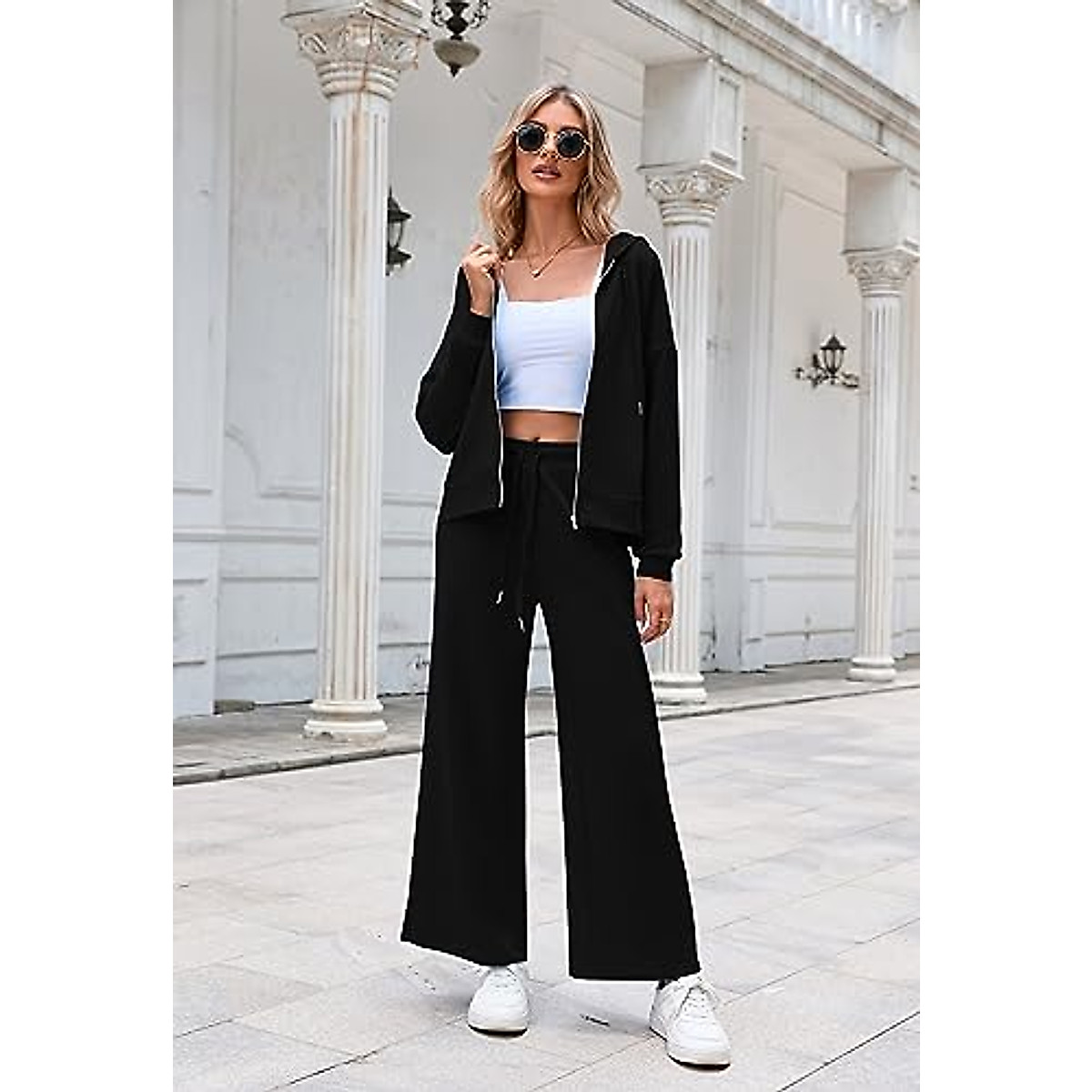 Kisscynest Women's 2 Piece Outfits Lounge Set Zip Up Hoodies High Waist Wide Leg Pants Sweatsuit Black L