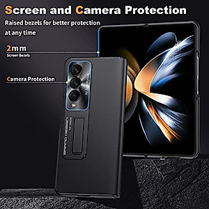 Kaiiecal Leather Galaxy Z Fold 4 Case: Genuine Skin Feeling, Built-in Screen Protector, Kickstand, Hinge Protection, Shockproof Cover - Black