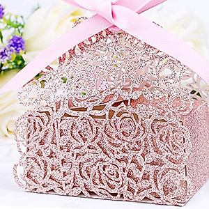 PONATIA 50 PCS Laser Cut Rose Gold Glitter Boxes with Pink Ribbons Wedding Party Favor, Wedding Gift Bags Chocolate Candy and Gift Boxes(Rose Gold Glitter)