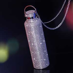 Diamond Water Bottle Bling Rhinestone Stainless Steel Thermal Bottle Refillable Water Bottle Insulated Water Bottle Glitter Water Bottle with Chain for Women Girls Gifts (Light Silver, 1000 ml)