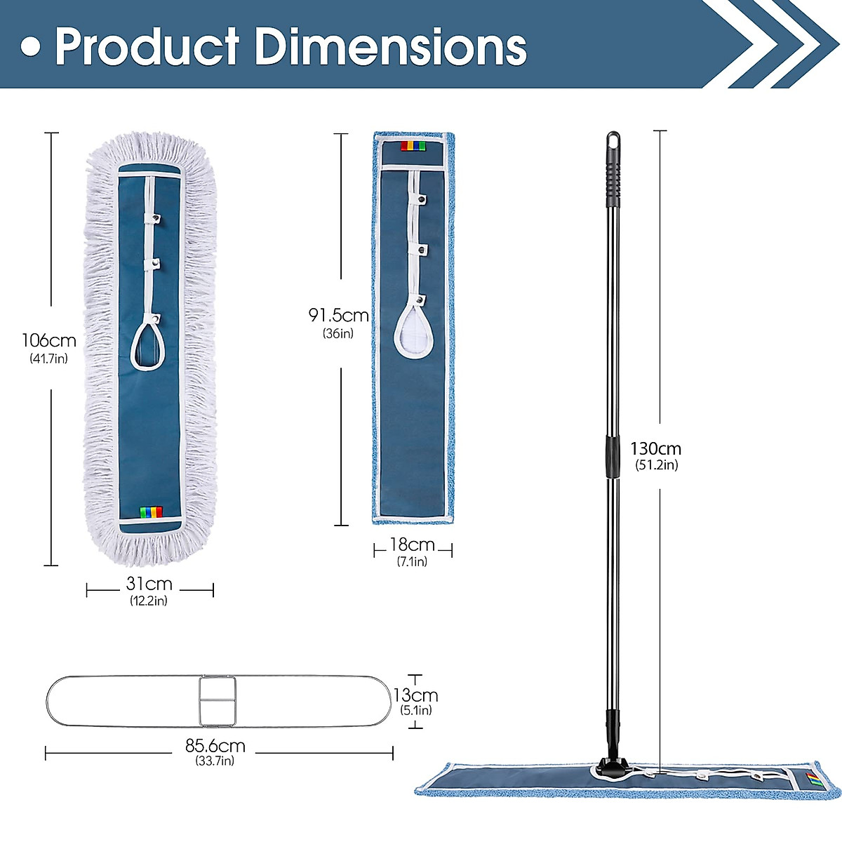 42 Inch Commercial Industrial Mop Dust Mop with 2 Pads, Commercial Mop for Dry and Wet Cleaning, Stainless Steel Handle, Heavy Duty Floor Duster Mop for Warehouse Factory Mall Garage