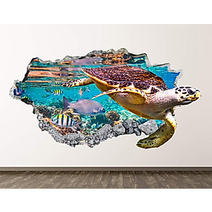Turtle Wall Decal Art Decor 3D Smashed Kids Ocean Sticker Mural Home Gift BL07 (70"W x 40"H)