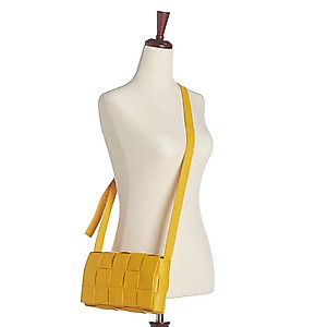 Olivia Miller Women's Fashion Ainsly Yellow Mustard Woven Faux PU Leather w Front Flap, Small Cassette Crossbody Bag w Adjustable Shoulder Strap, Casual Trendy Purse Handbag