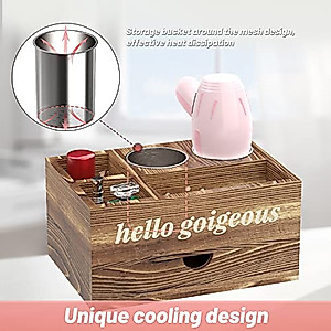 sitanes Hair Tool Organizer, Farmhouse Hair Dryer & Styling Supplies Holder Countertop with Jewelry Storage Drawer, Wooden Blow Dryer Holder with 2 Heatproof Cups, Curling & Flat Iron Holder