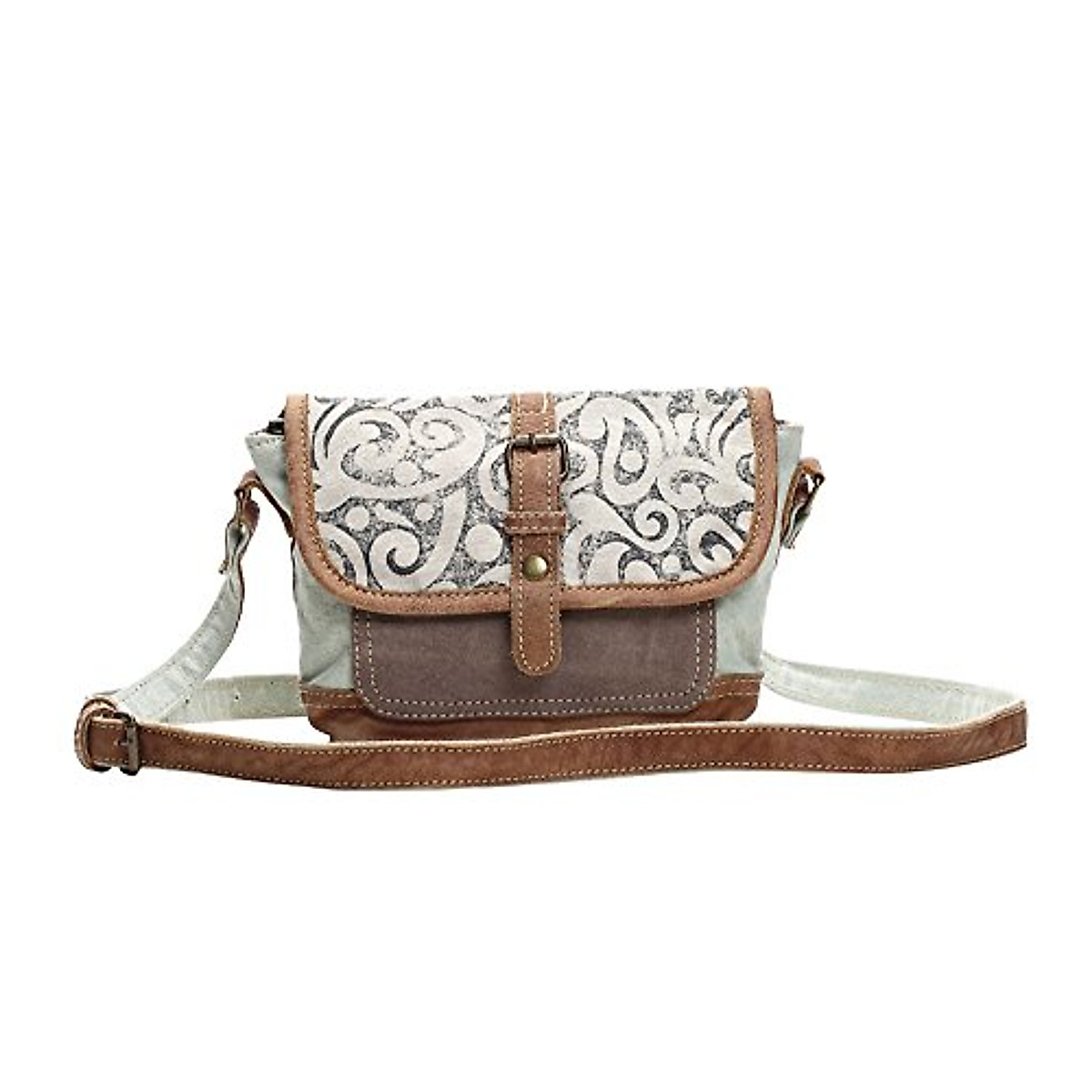 Myra Bag Leaf Swirls Upcycled Canvas Crossbody Bag S-1153, Brown, Size One Size