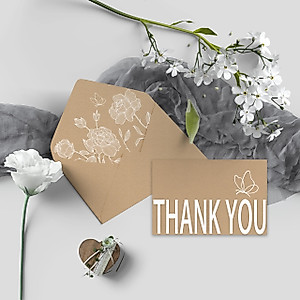 Cularve 20 Pack thank you cards with envelopes,Kraft paper wedding thank you cards,butterfly thank you cards,Blank Retro flowers Cards for Birthday Wedding Baby Shower Bridal Shower,4 x 6 Inch